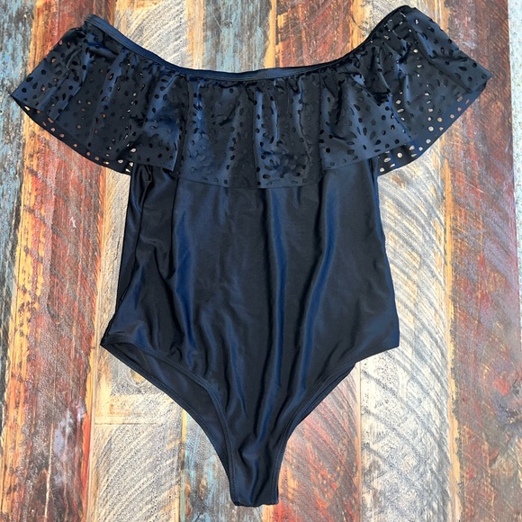 Swim | Womens Black Off The Shoulder Ruffle One Piece Swimsuit Bathing ...